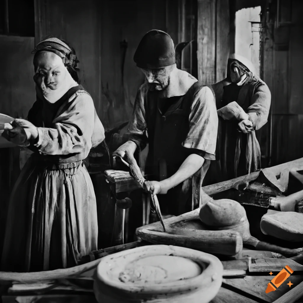 Workers in a 16th-century wool factory using traditional tools. show ...