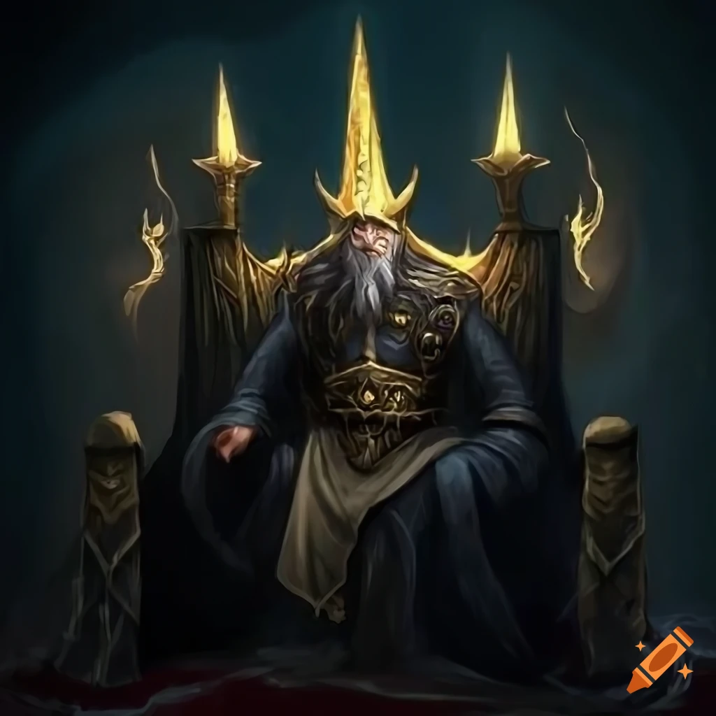 Old king, golden spiked crown, long white beard and mustache, long dark ...