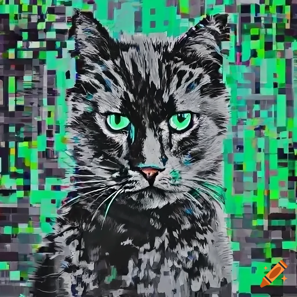 Abstract portrait of a black cat with glitched matrix features, heavily ...