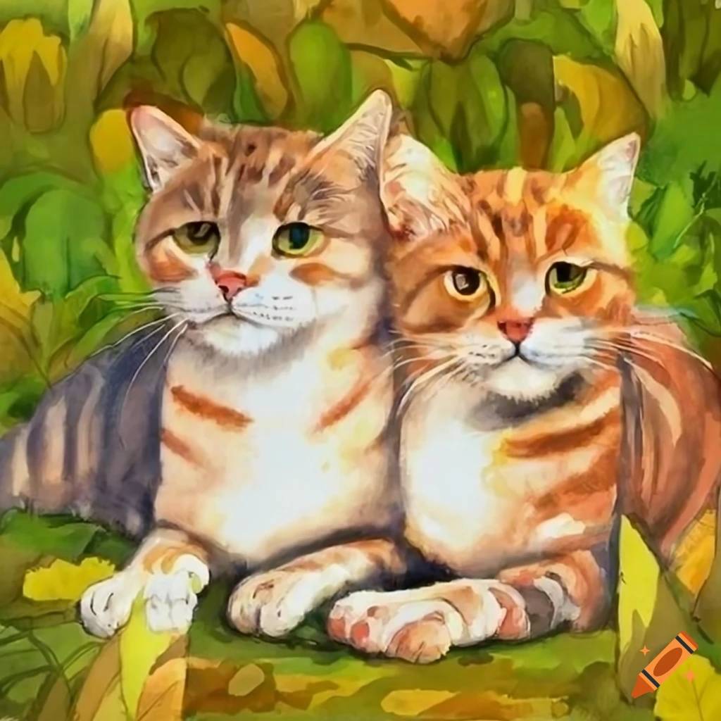 Two calm cats painted with watercolor, cats hugging each other, beautiful, expressive, realistic ...