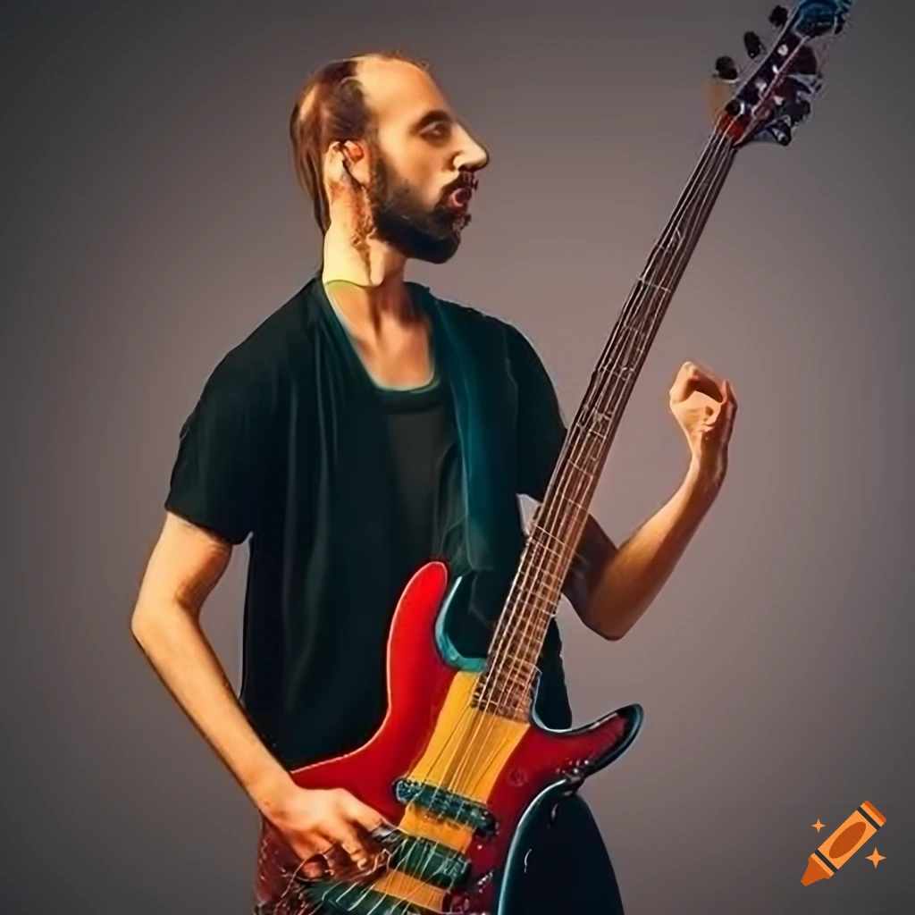 Psychedelic bass guitar player, photo on white background