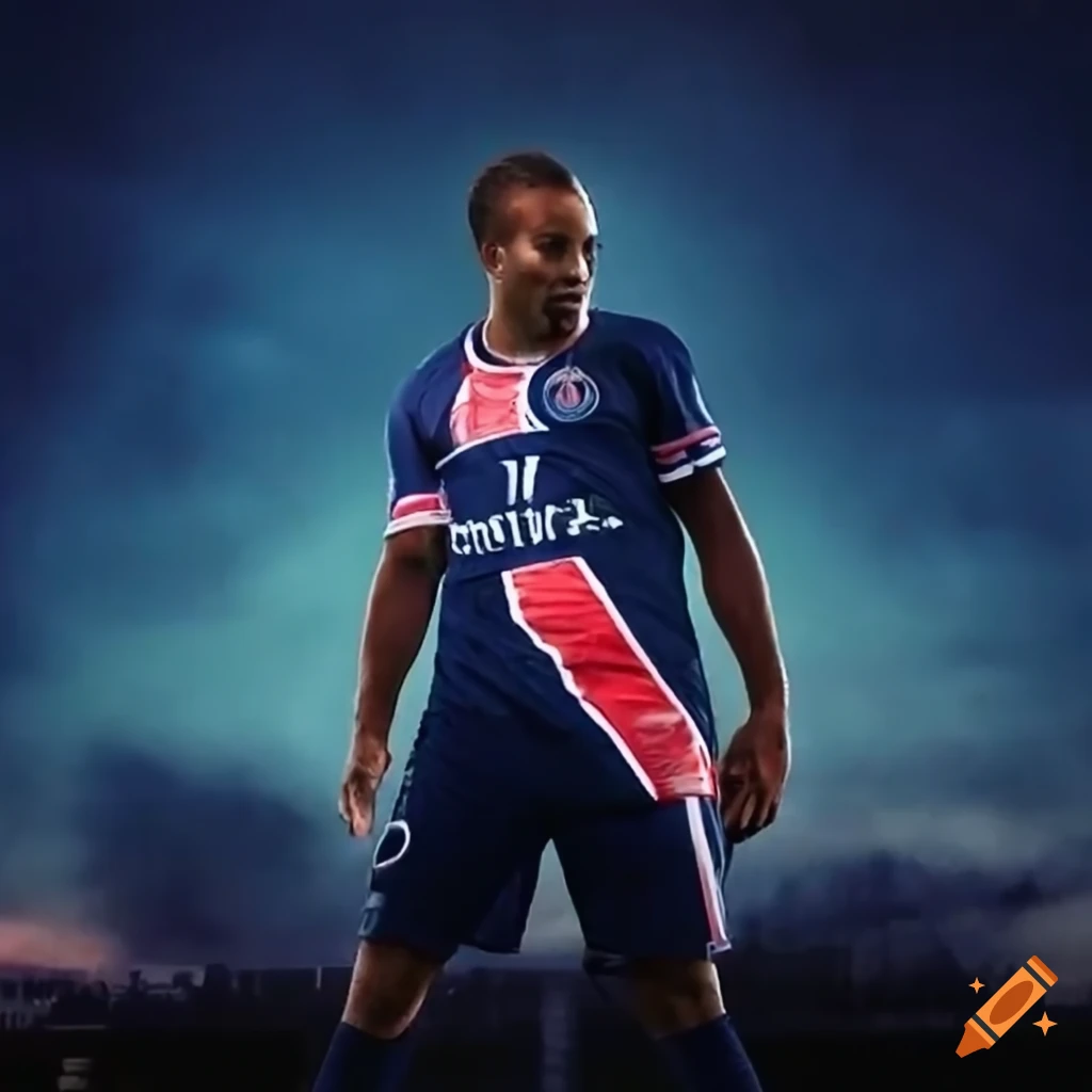 A football fan wearing a psg jersey in front of the eiffel tower
