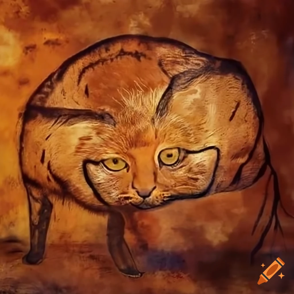 Five cats staring as a prehistoric cave painting on Craiyon