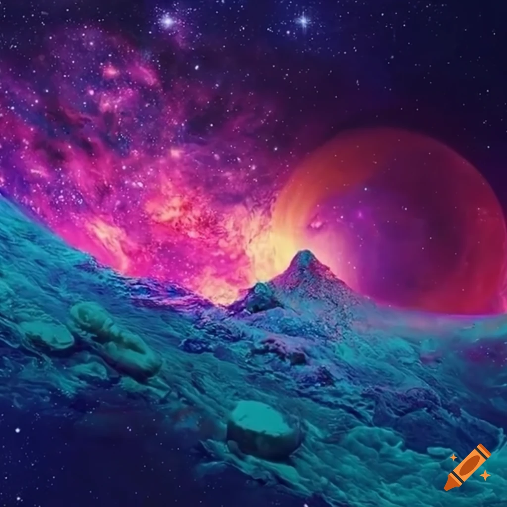 A mesmerizing cosmic landscape with vibrant retro colors on Craiyon
