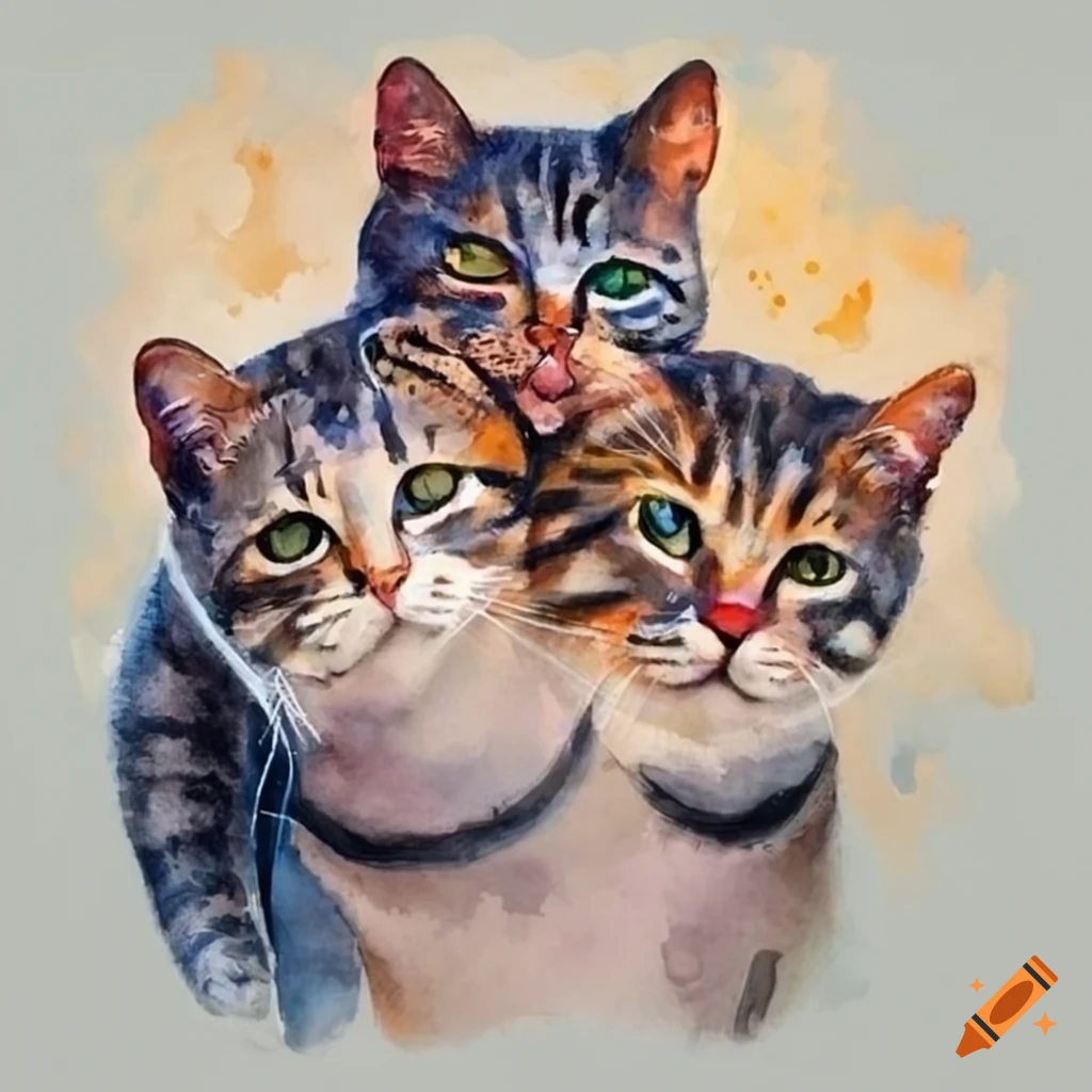 Calm cats painted with watercolor, cats hugging each other