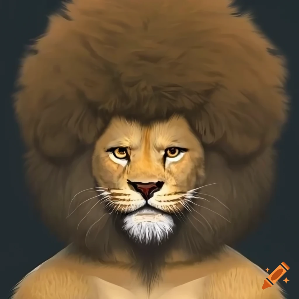 Male anthro lion furry with a large afro and thick beard on Craiyon