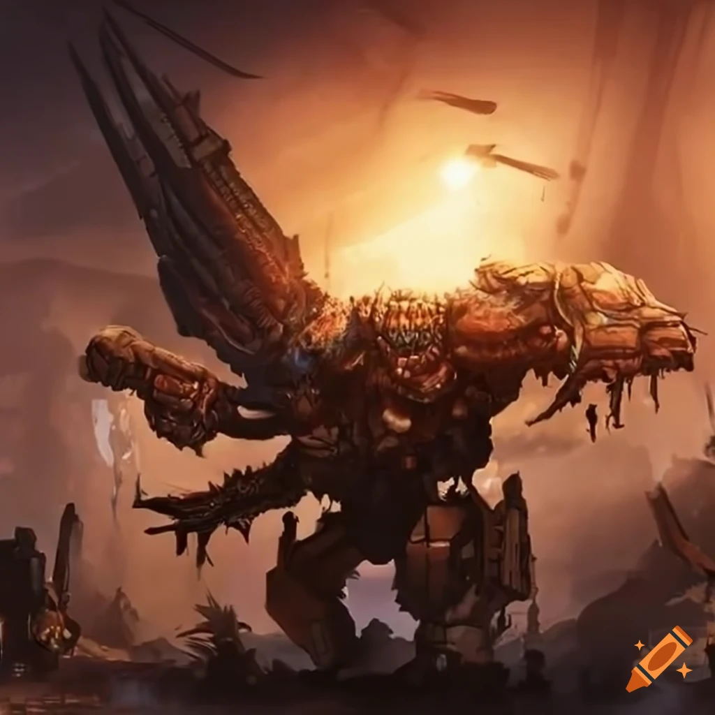 Epic battle between monstrous creatures and futuristic mechs under ...