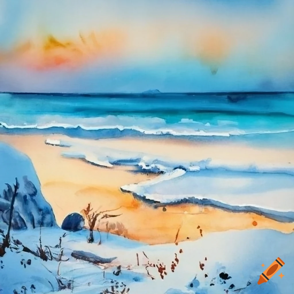 Watercolor painting of snow on the beach