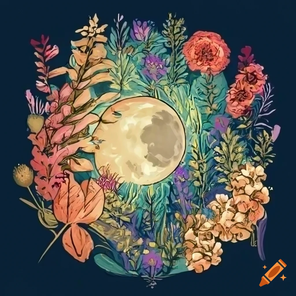 Drawing illustration style a full moon with a field of herbs, flowers ...