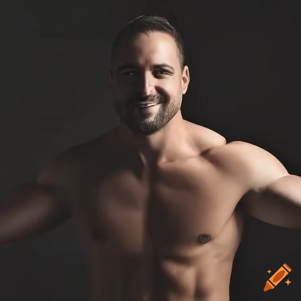 Muscular middle-aged man holding his arms out to me for a hug