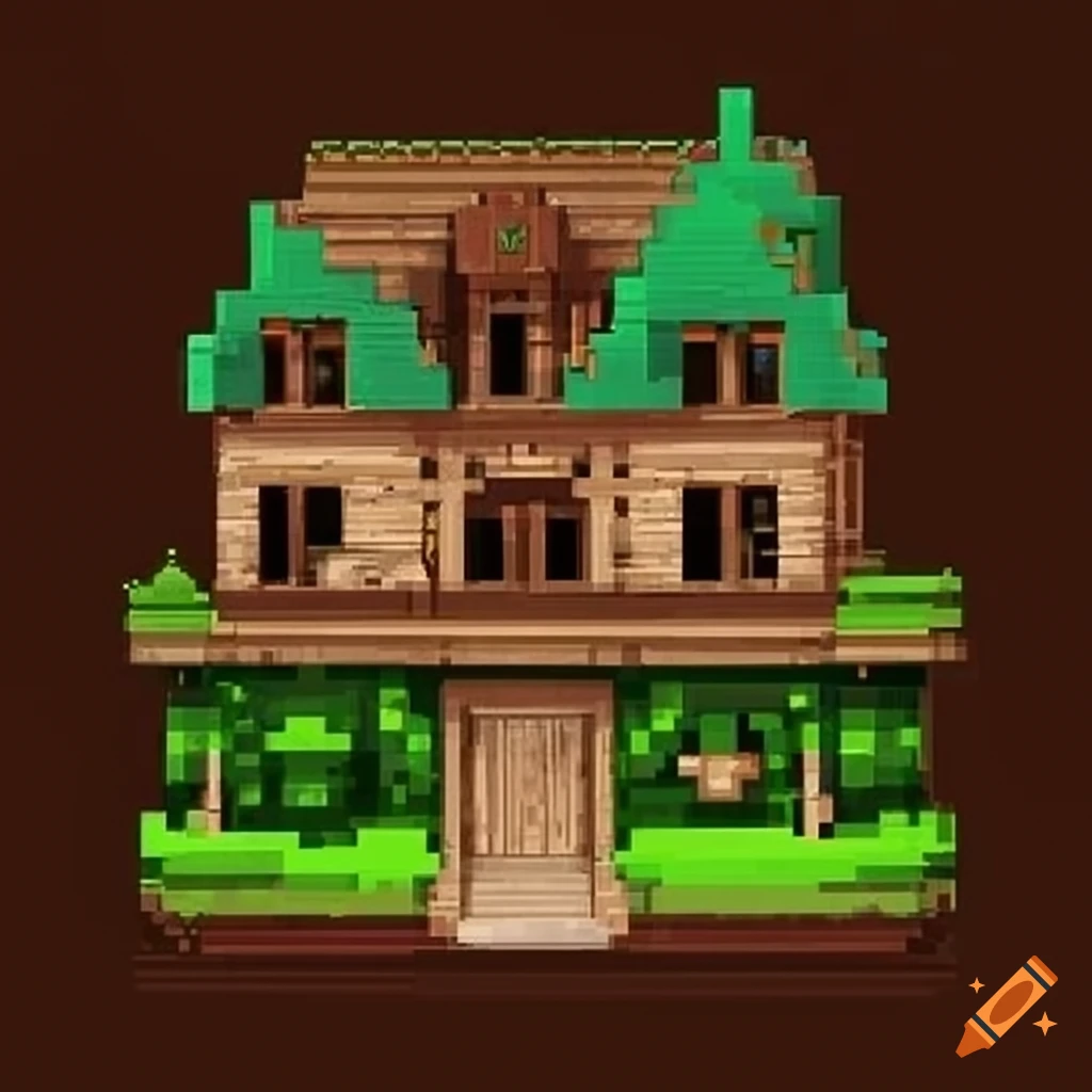 2d pixel wooden hunted mansion in green and brown pallate