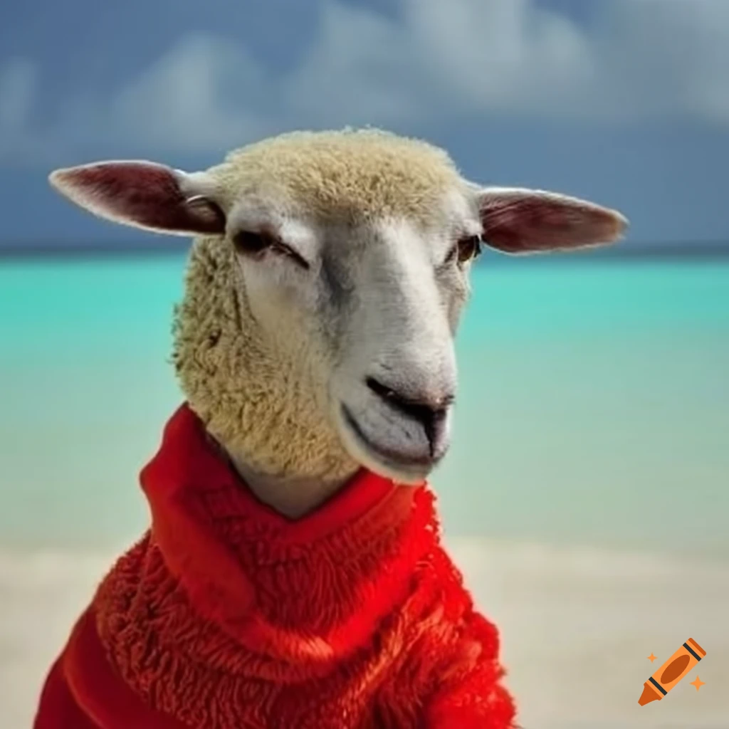 A sheep wearing red clothes in a maldive beach
