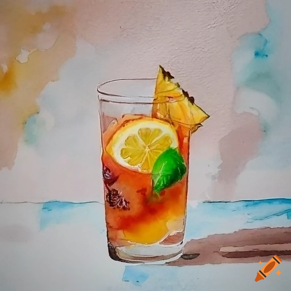 Watercolour painting of a rum punch in a short glass with a slice of ...