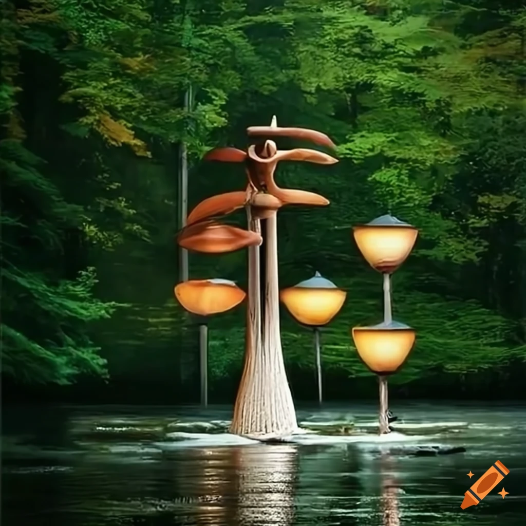 Painting parc with modern sculptures lake swamp canot street lamps ...