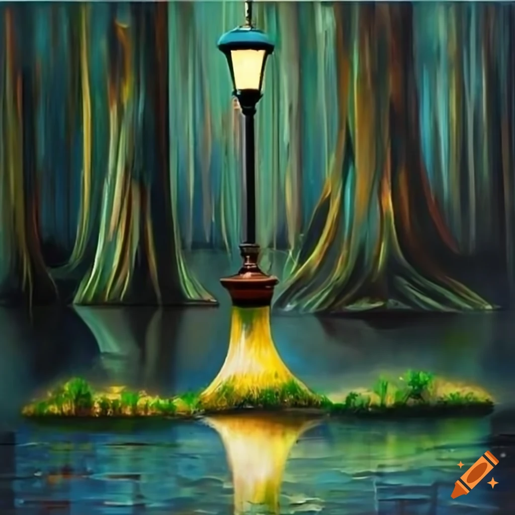 Painting parc lake swamp canot street lamps totems modern sculptures on ...