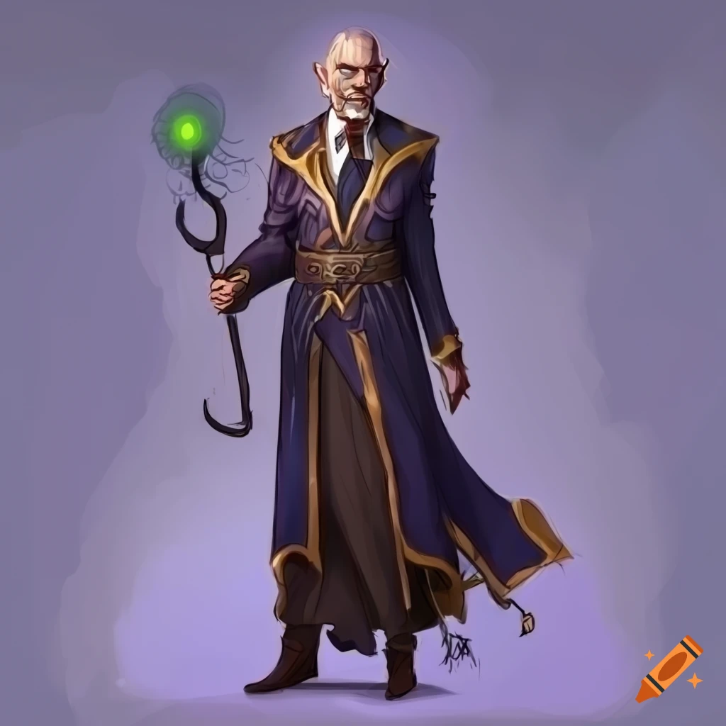 Realistic full body smug and classy middle-aged sorcerer wearing a suit ...