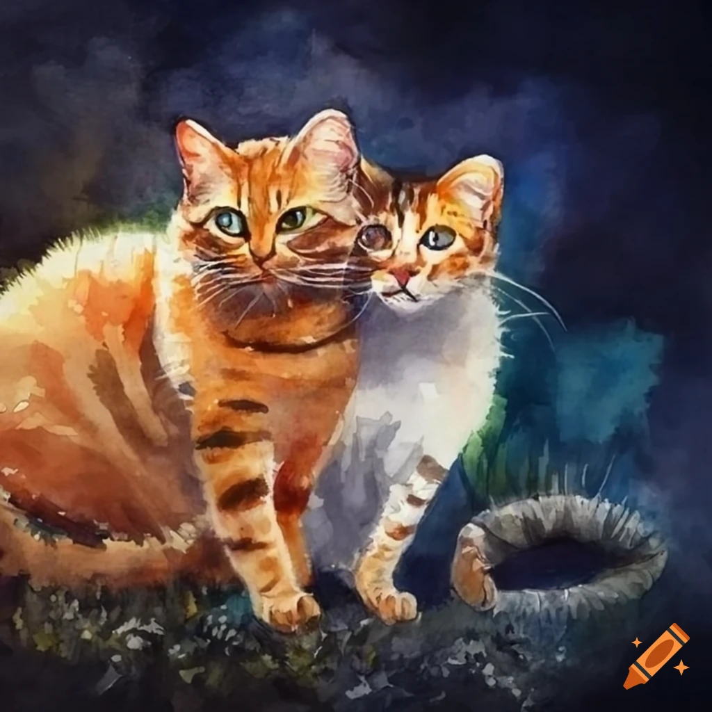 Two affectionate cats embracing in a serene watercolor painting on Craiyon