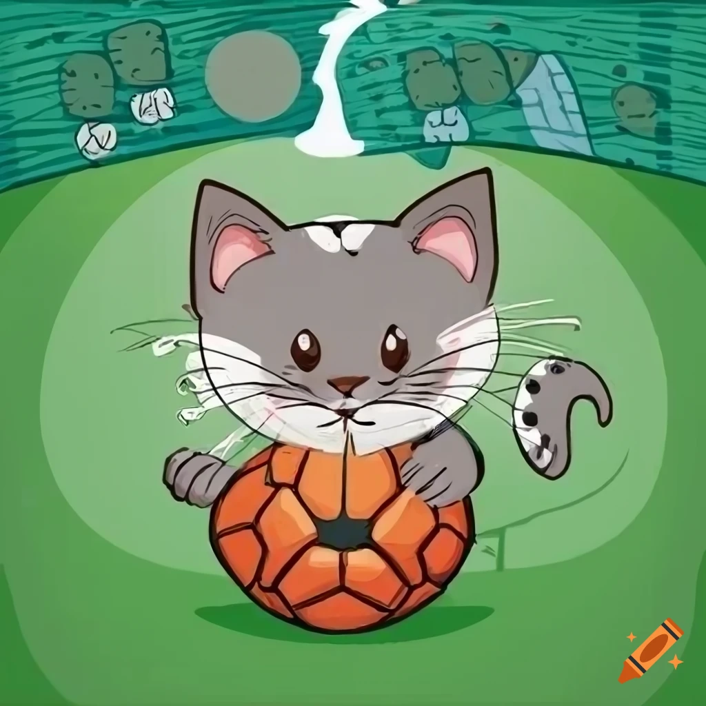 Very cute back and white illustration of cat playing football on Craiyon