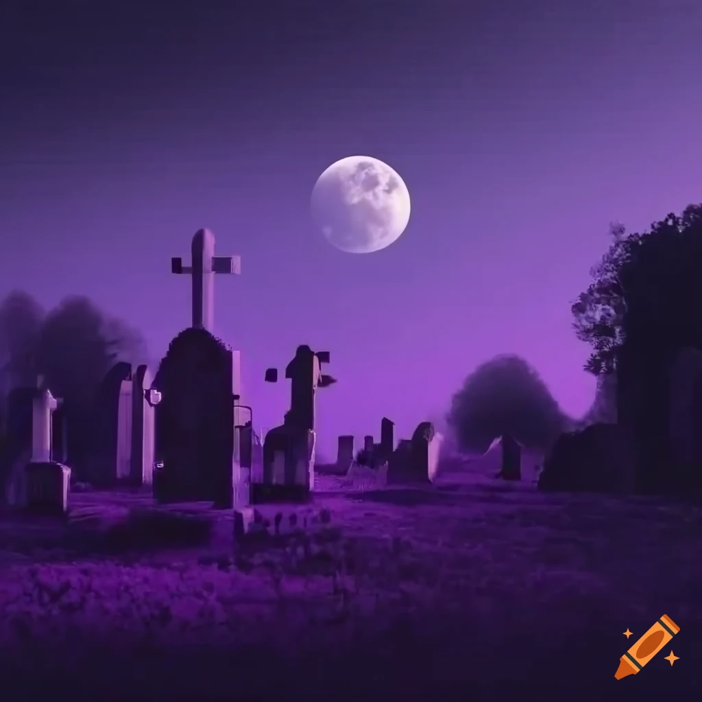 Graveyard in a dark purple forest surrounded by purple mist with a ...