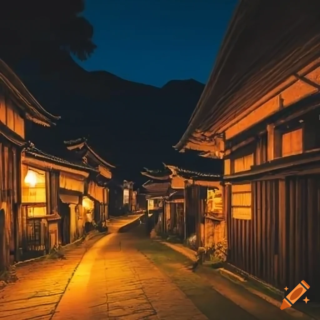 Japanese rural village at night