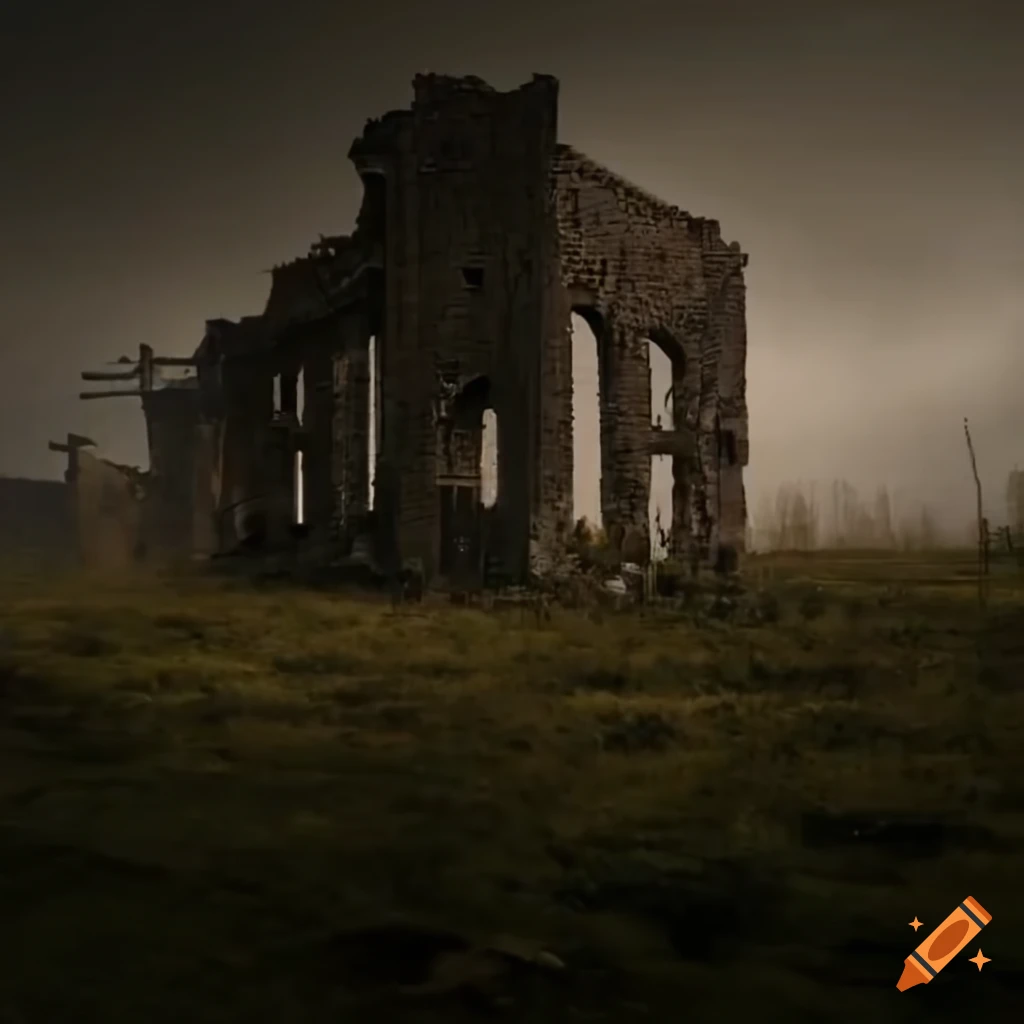 Ruins of a building in a field hyper realistic