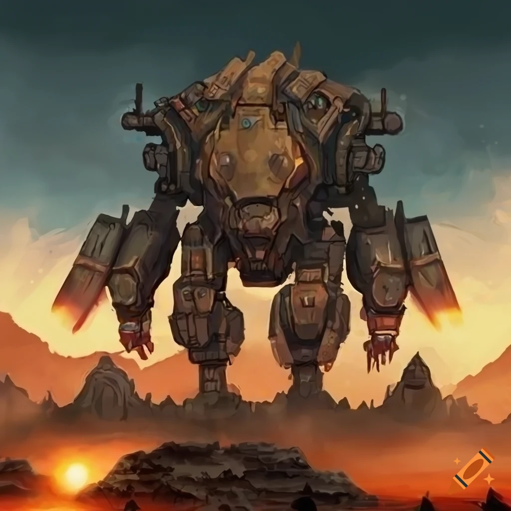 Under Strange Suns, fantasy landscape, mechs on Craiyon