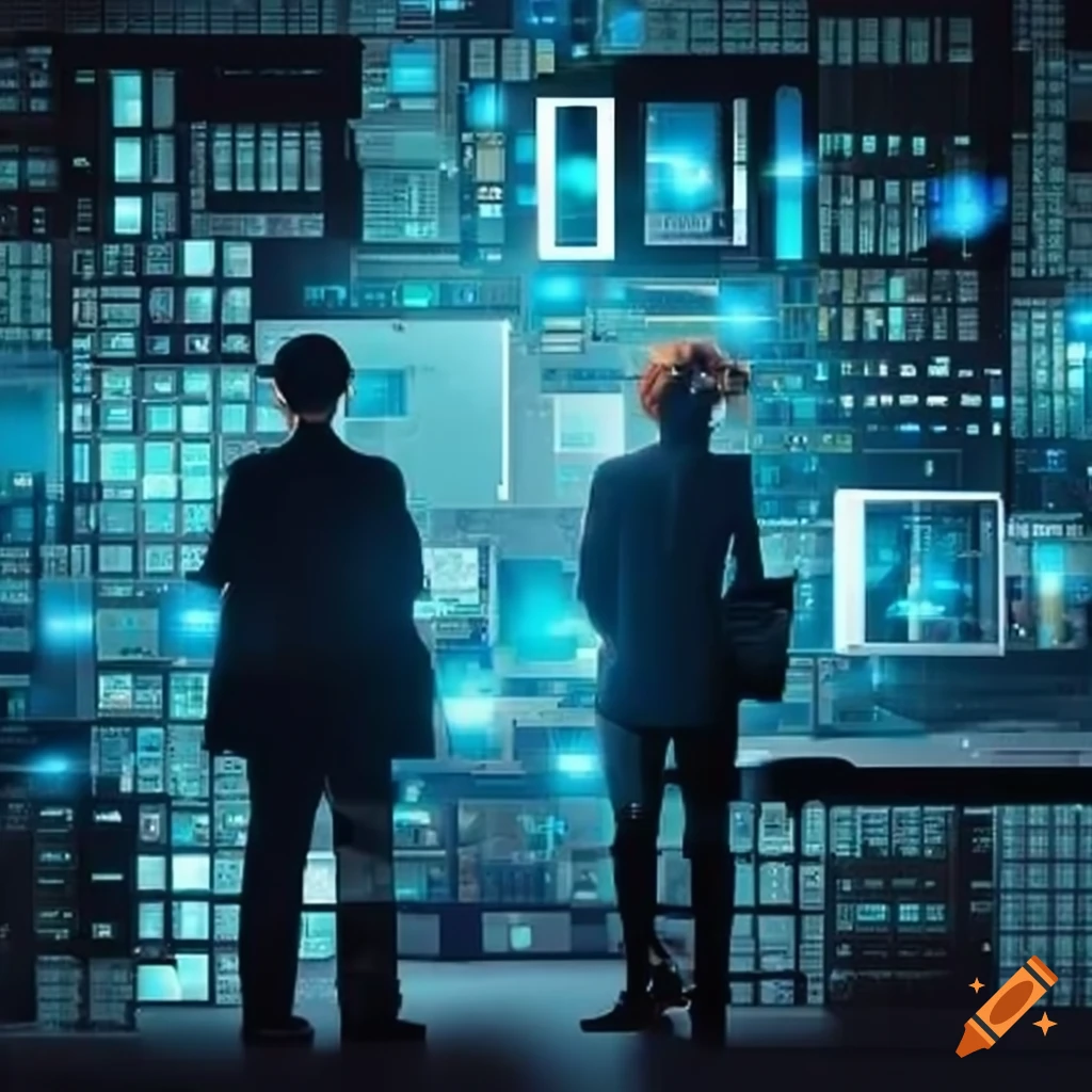 A group of scientists looking at computers, with complex algorithms visible on their screens