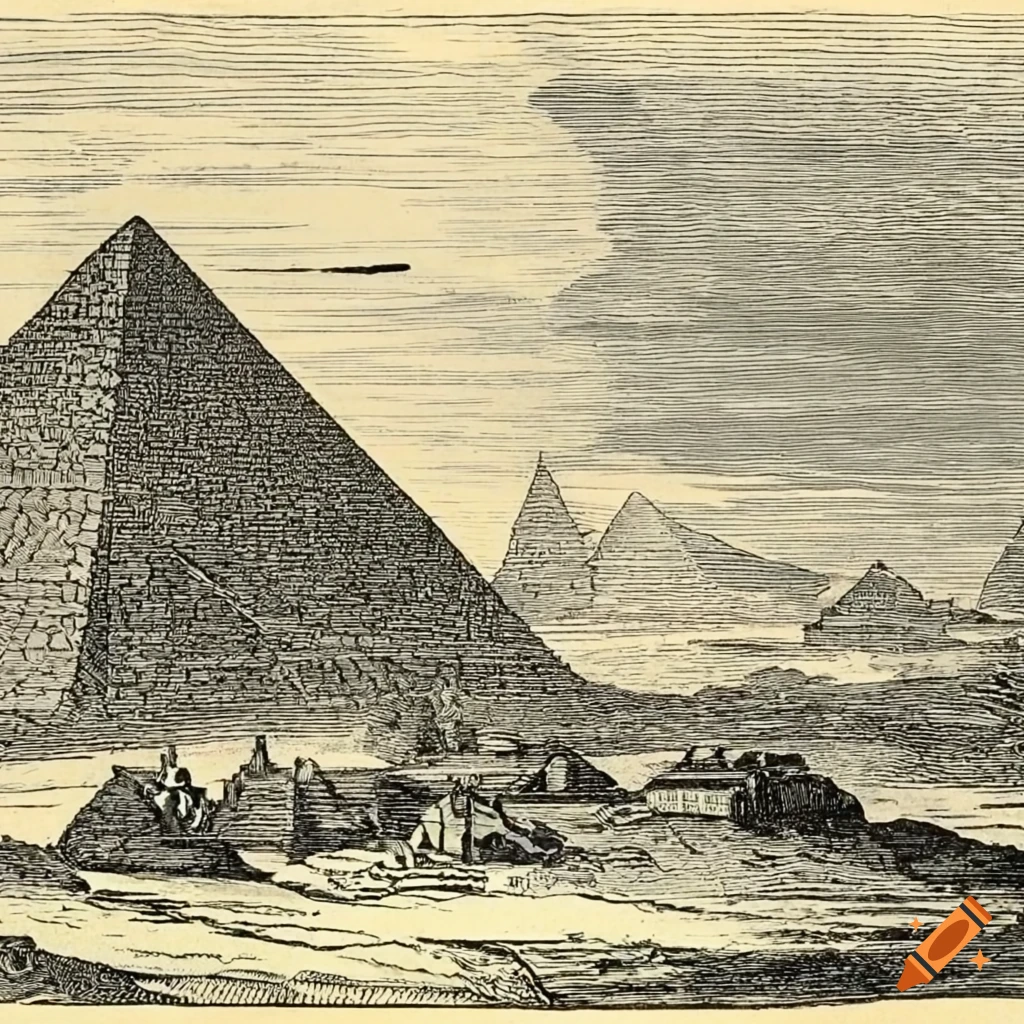 An engraving of a 1878 french explorer in front of gyzeh pyramids ...