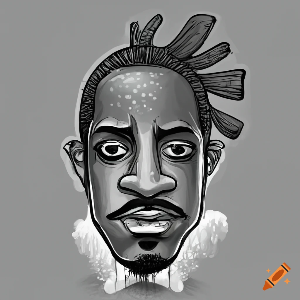 A stylized black and white cartoon illustration of andre 3000