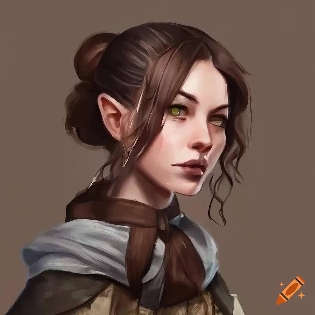 Serious female dnd ranger, poncho, bun hairstyle, musketeer hat, dark ...