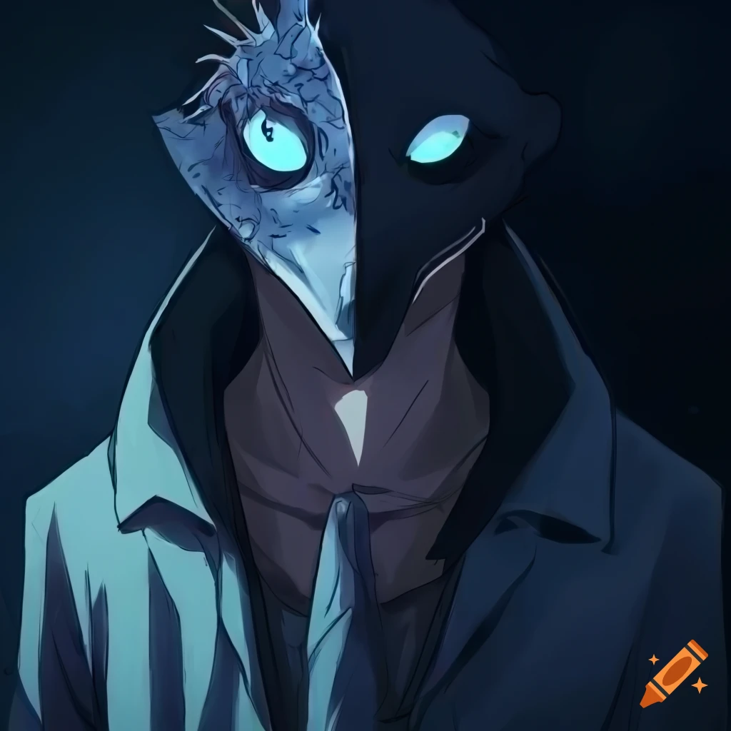 A young man with a bird mask staring at you, wearing a white coat and a ...