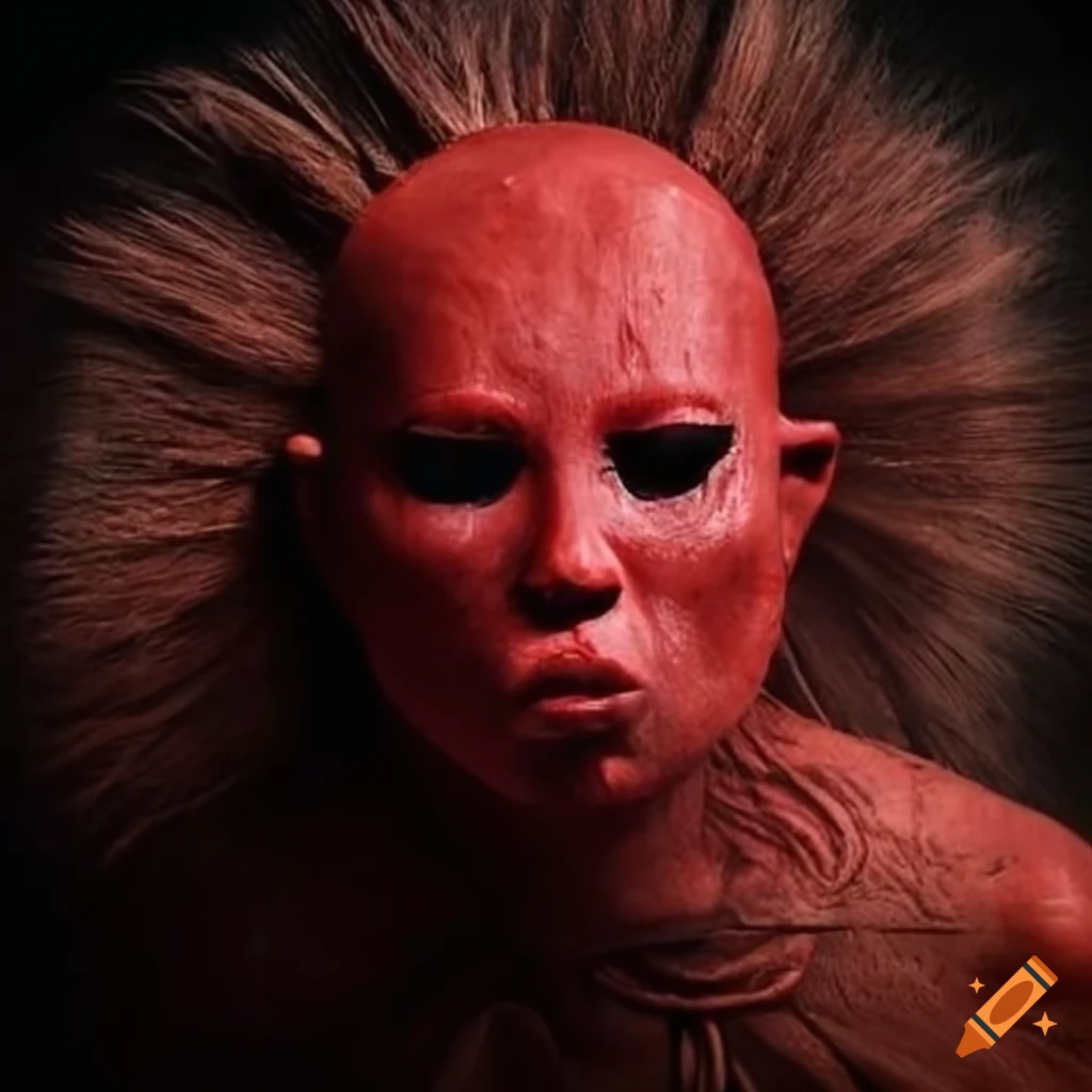 Medieval art of uncanny red tribe digging against a white background on ...