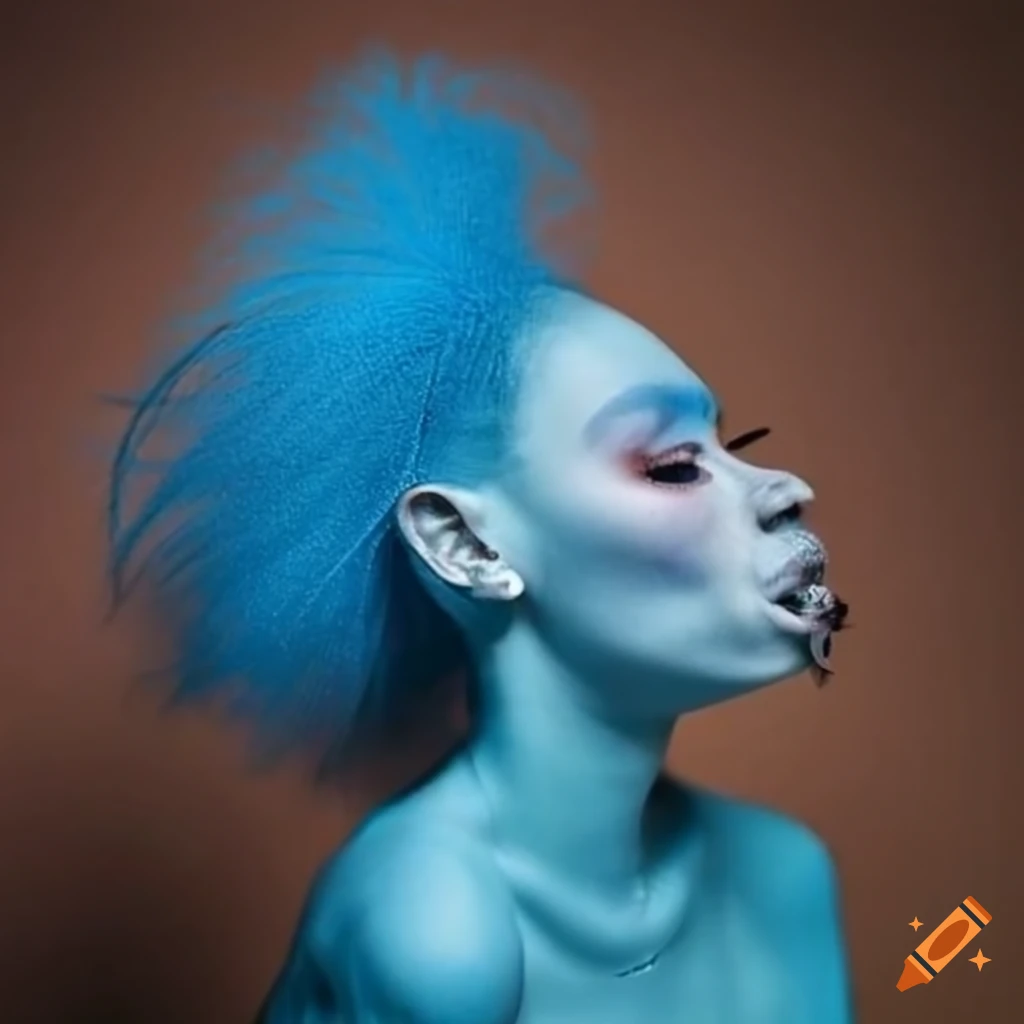 Slimey, hairy, blue troll kissing a butterfly at a fancy dinner on Craiyon