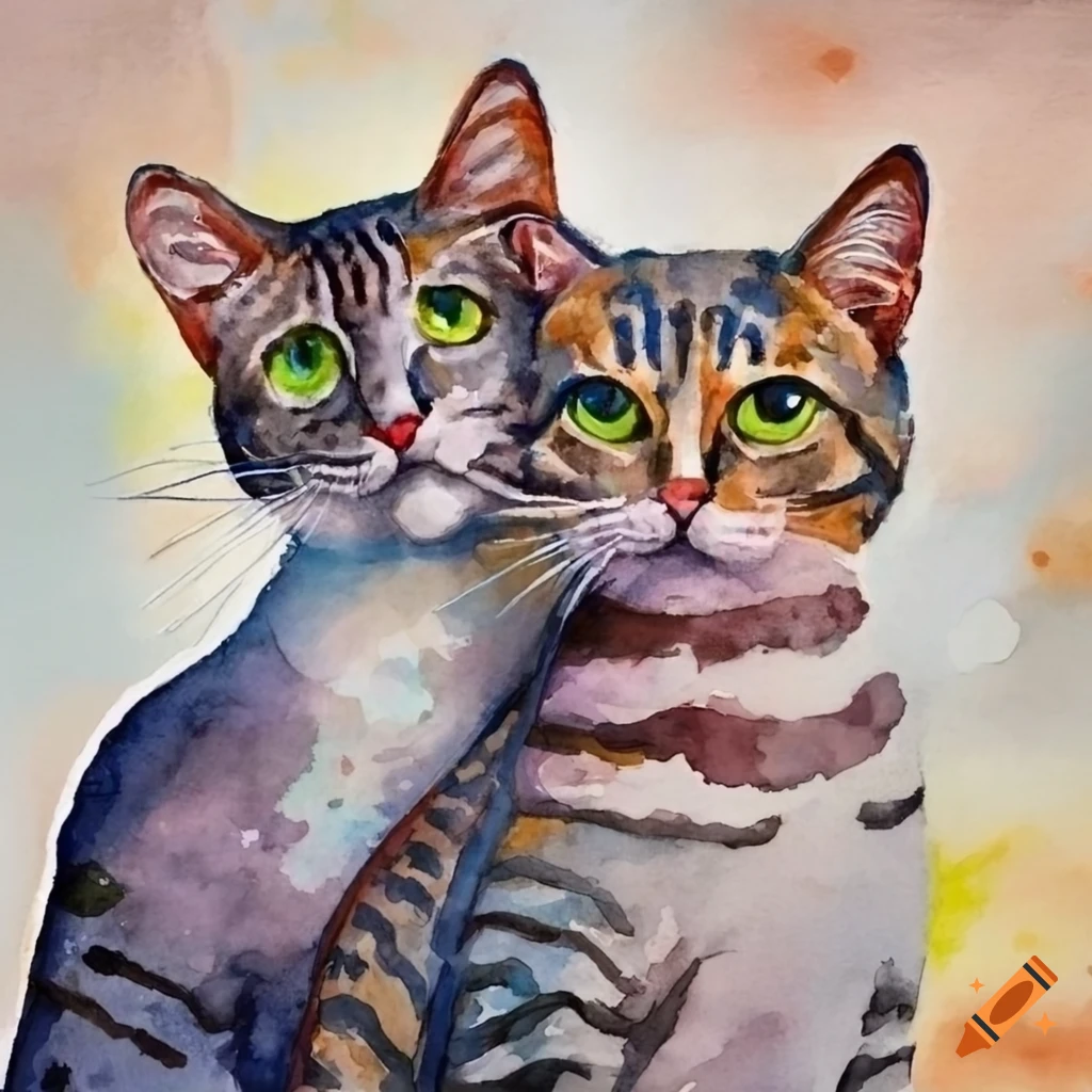 Two affectionate cats embracing in a serene watercolor painting on Craiyon