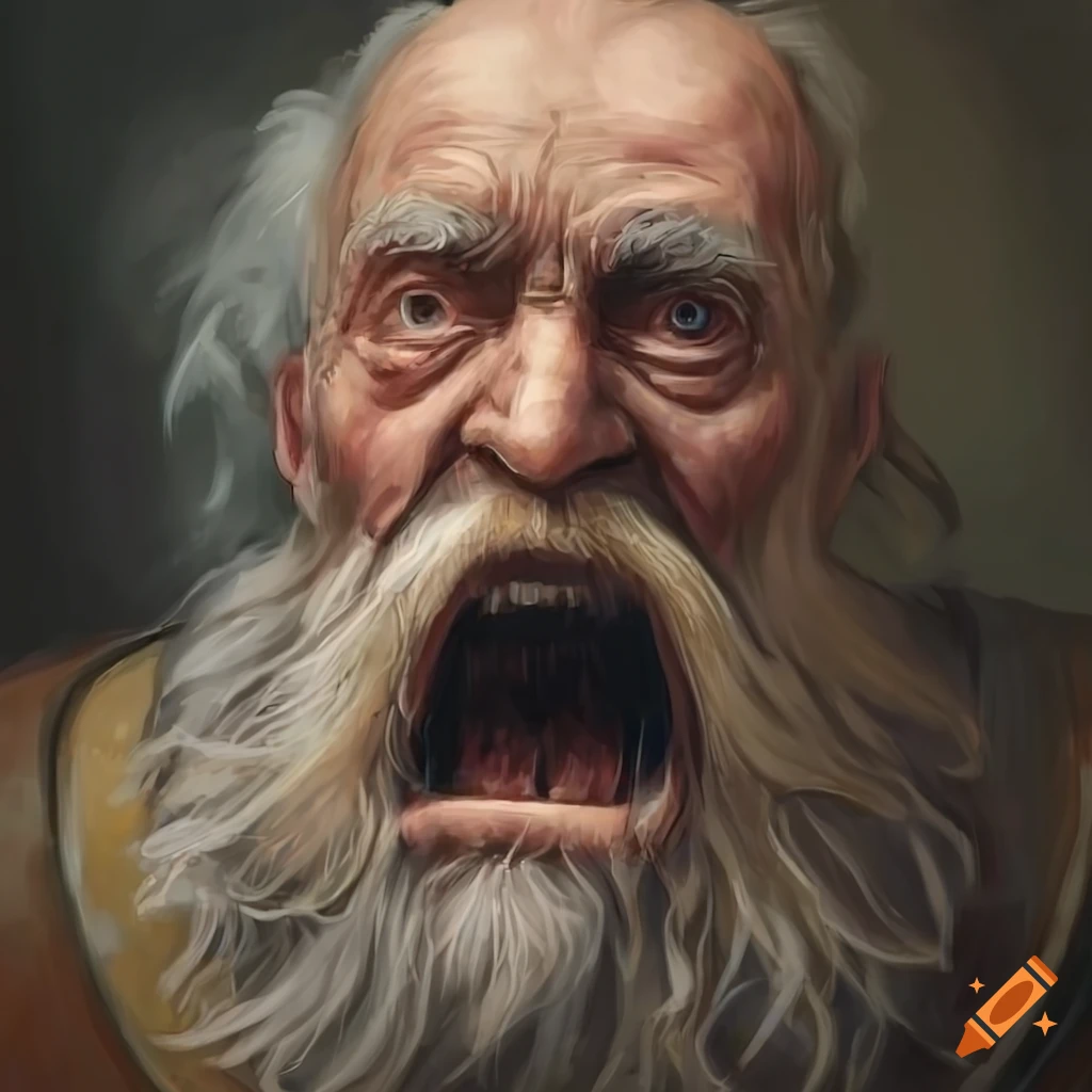 Old bearded man in a suit of armor screaming, detailed, realism on Craiyon