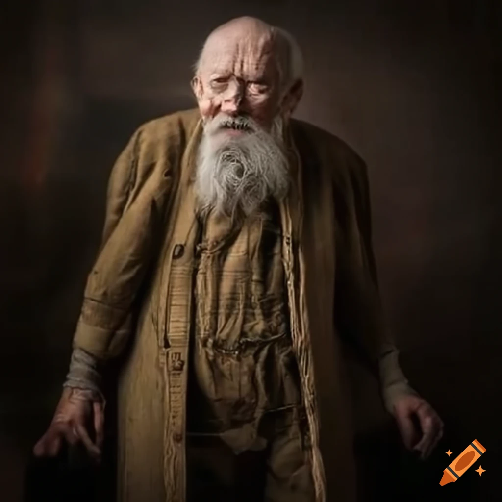 Odd man in old clothes aimlessly messing around