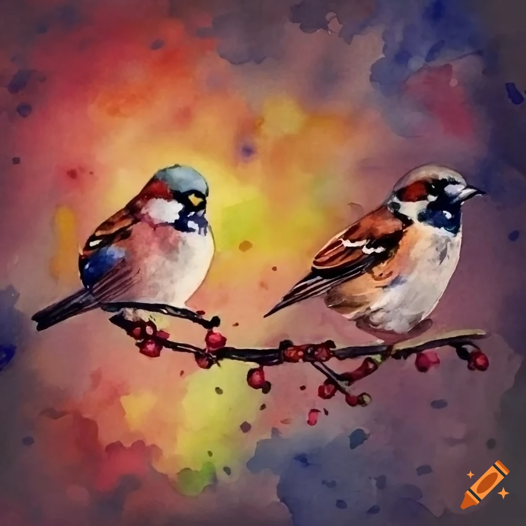 Watercolor, two beautiful sparrows on a holly branch, vivid close-up ...