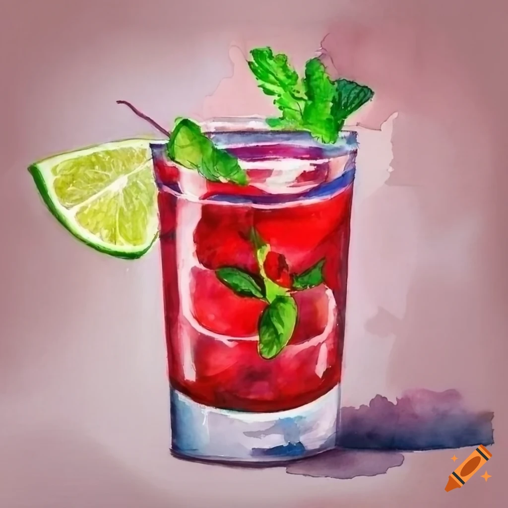 Watercolour painting of a refreshing red cocktail in a short tumbler ...