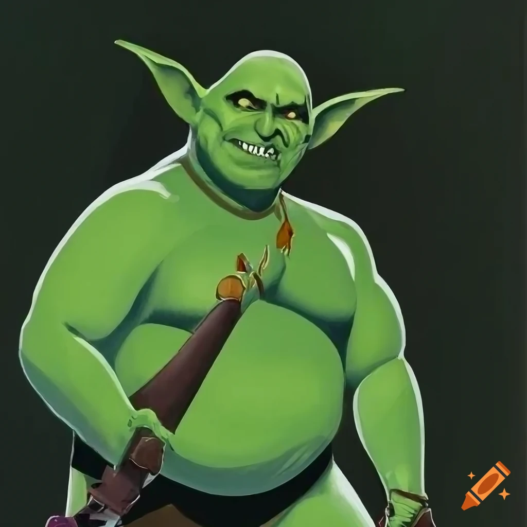 Bald fat green-skinned goblin warrior with a huge belly wearing a ...