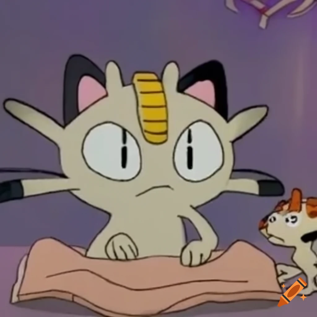 A sick meowth wrapped in blankets, watching tv