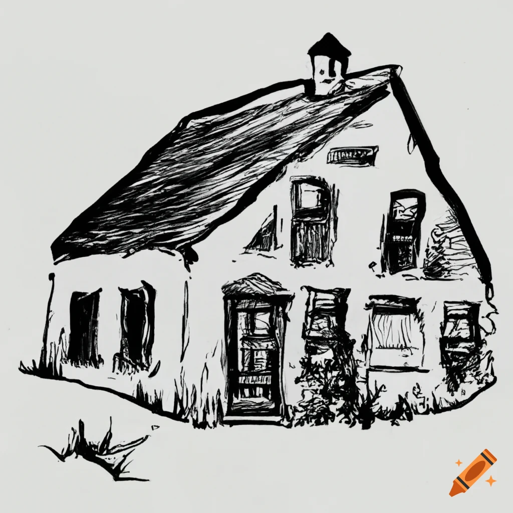 A drawing of a cottage only in black, red and white
