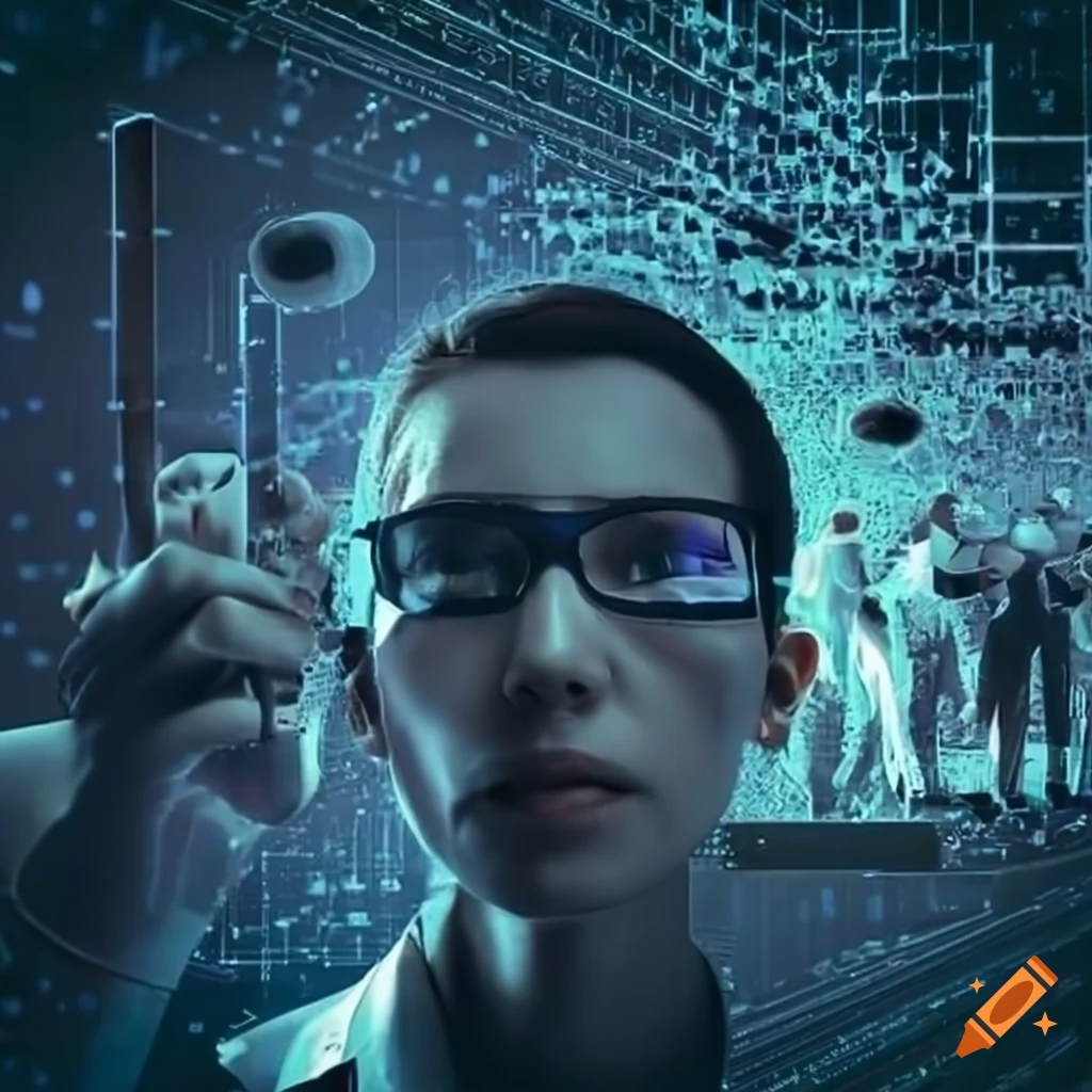 A group of scientists looking at computers, with complex algorithms visible on their screens