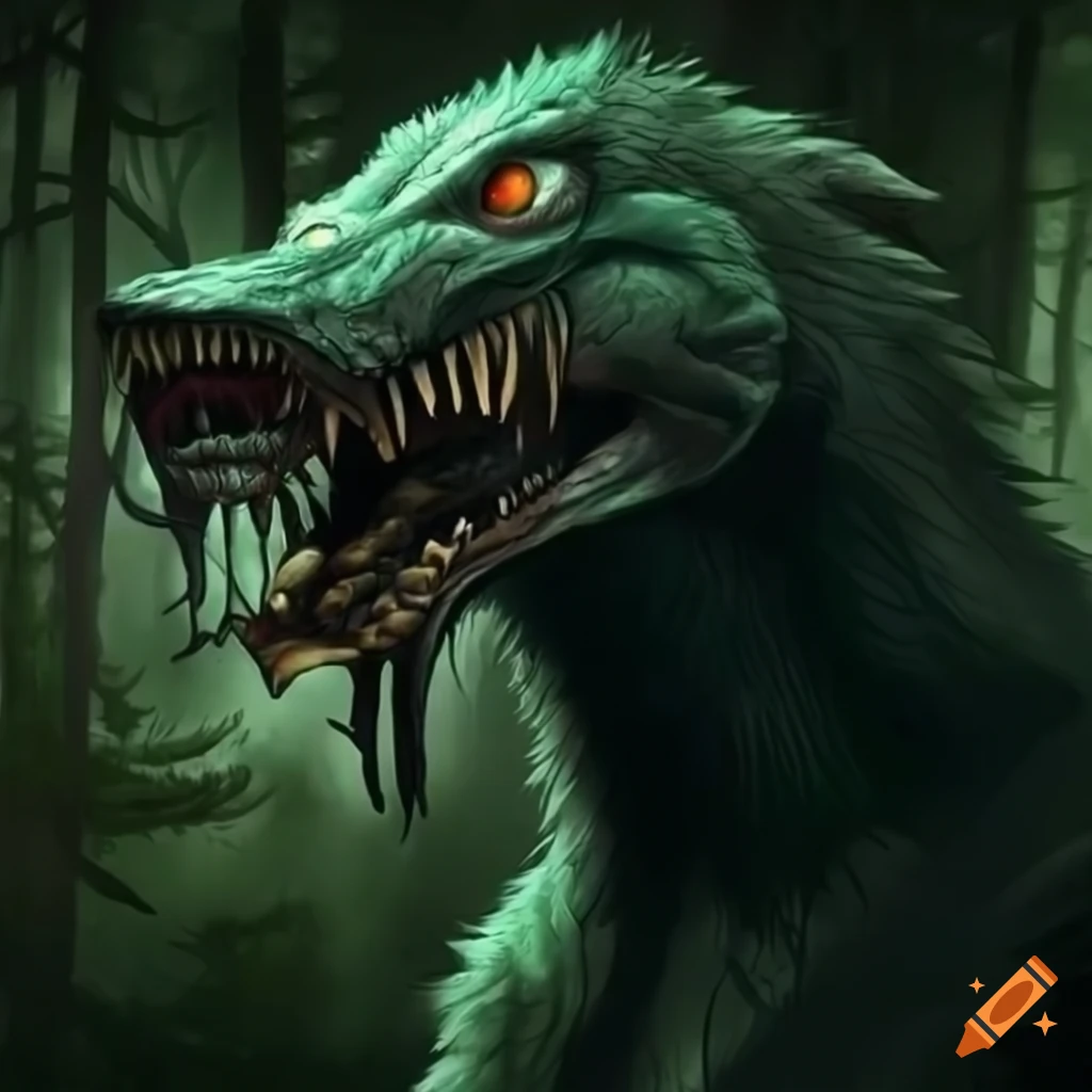 Monster of the midnight forest, furry beast scaly reptile snake wolf ...