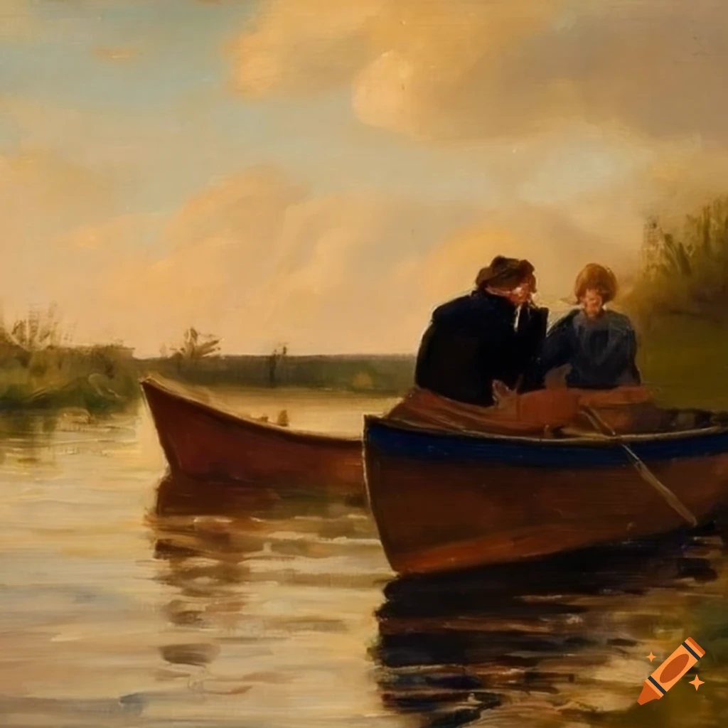Spring. a young couple in a rowing boat on odense oil painting on Craiyon