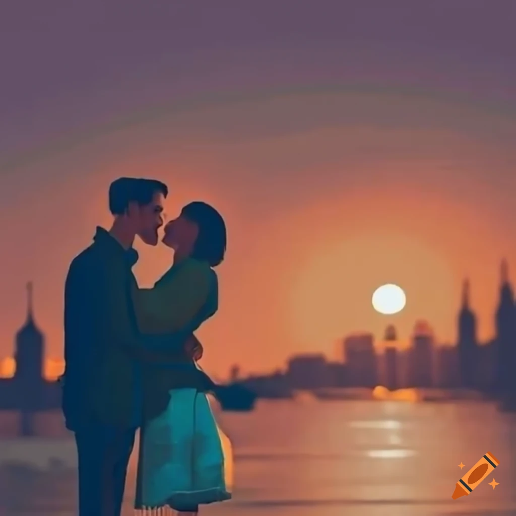 A couple enjoying a romantic sunset stroll in the city on Craiyon