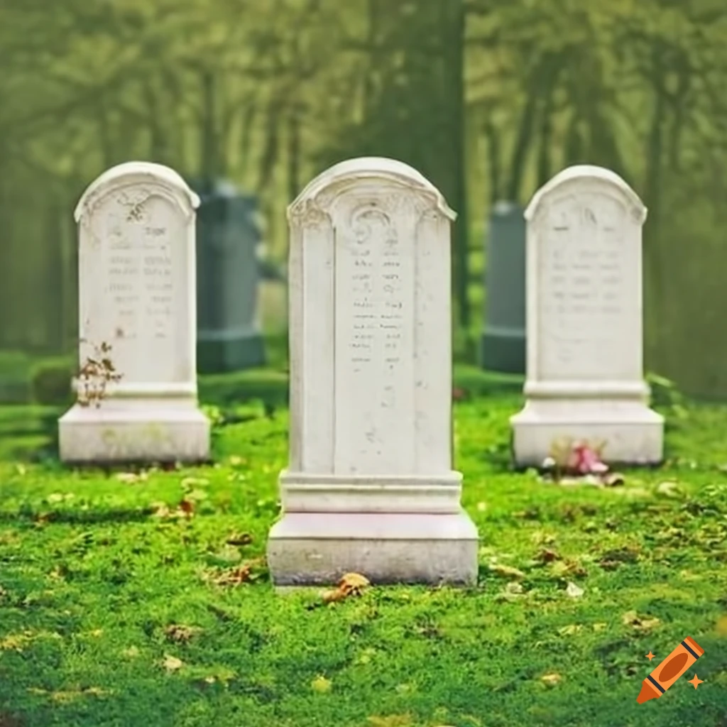 Three identical graves white marble on green grass cemetery on Craiyon