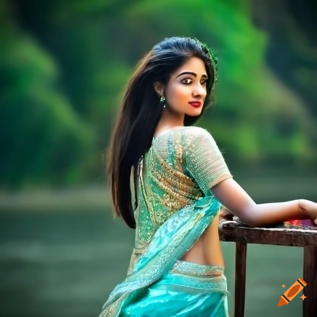 Beautiful Indian Girl With Beautiful Detailed Wideangle View Along Riverside