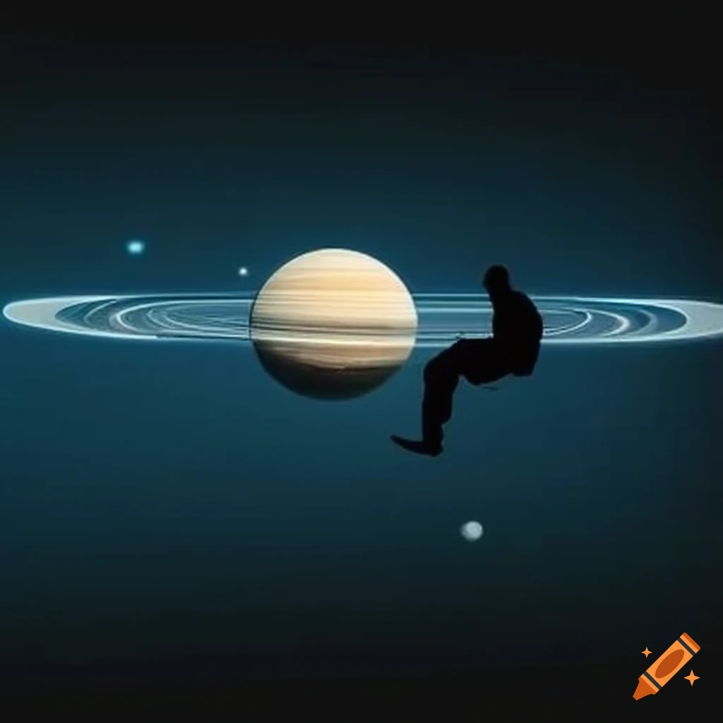 Shadow man floating nearby the saturn's planet