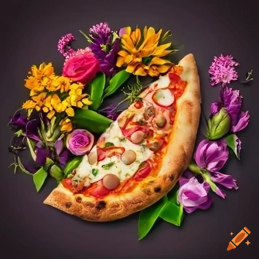 Vibrant floral arrangement surrounding a delicious slice of pizza