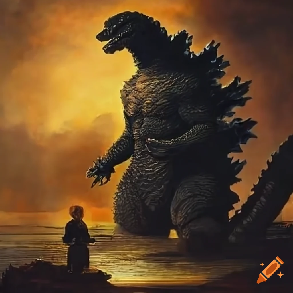 Rembrandt painting a picture of godzilla attacking tokyo